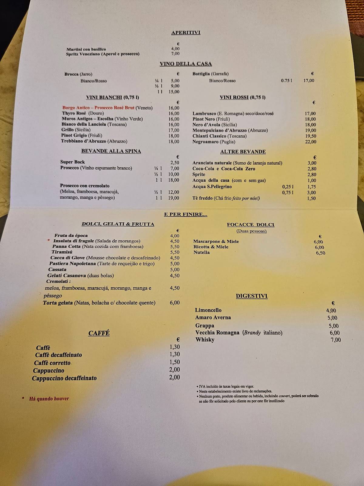 Menu at Casanova pizzeria, Lisbon