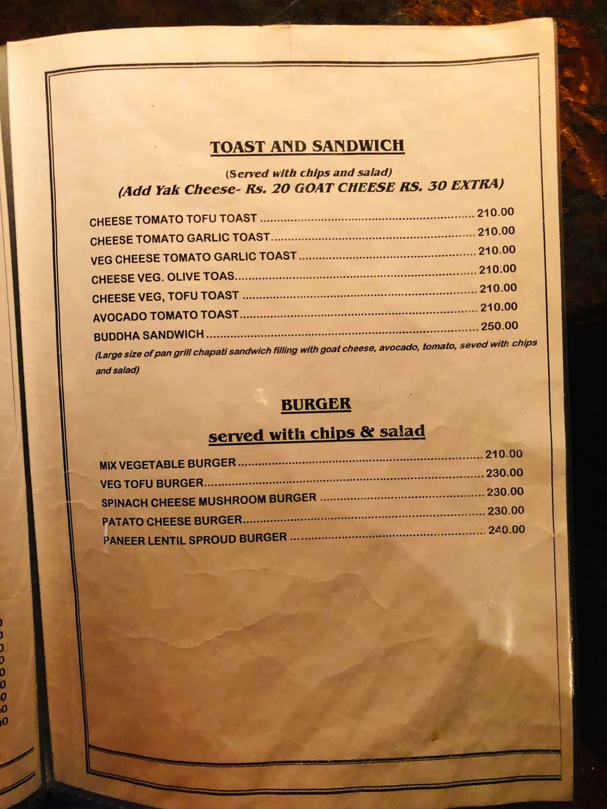 Menu at Little Buddha Cafe, Rishikesh