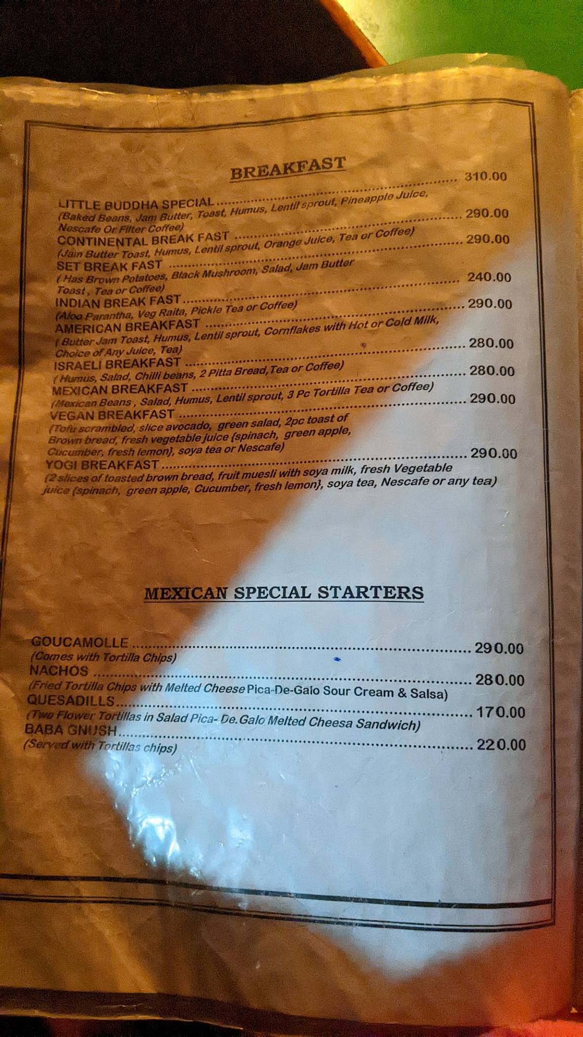Menu at Little Buddha Cafe, Rishikesh