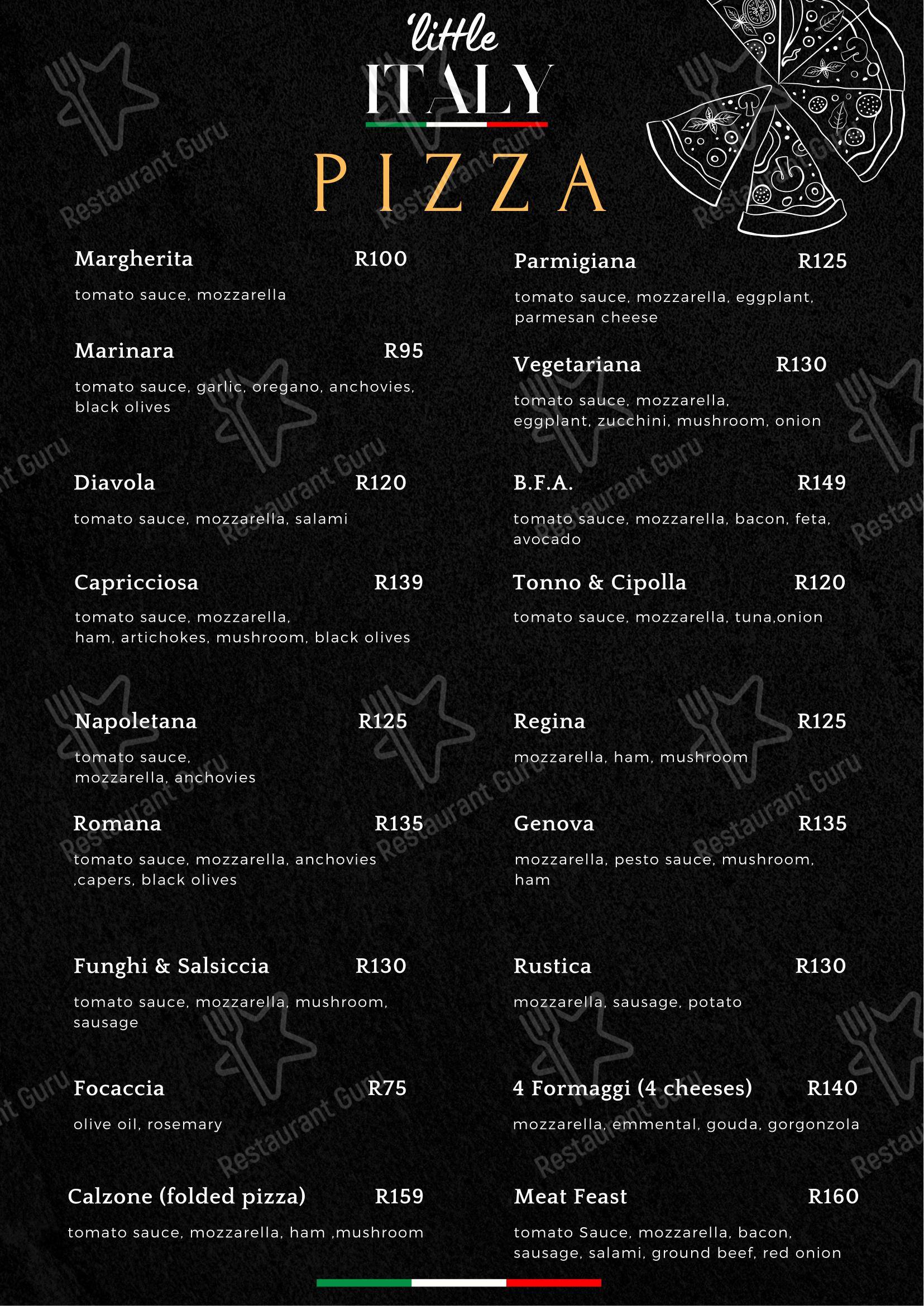 Menu au Little Italy Trattoria, Kleine Hopefield Farm restaurant, Hopefield