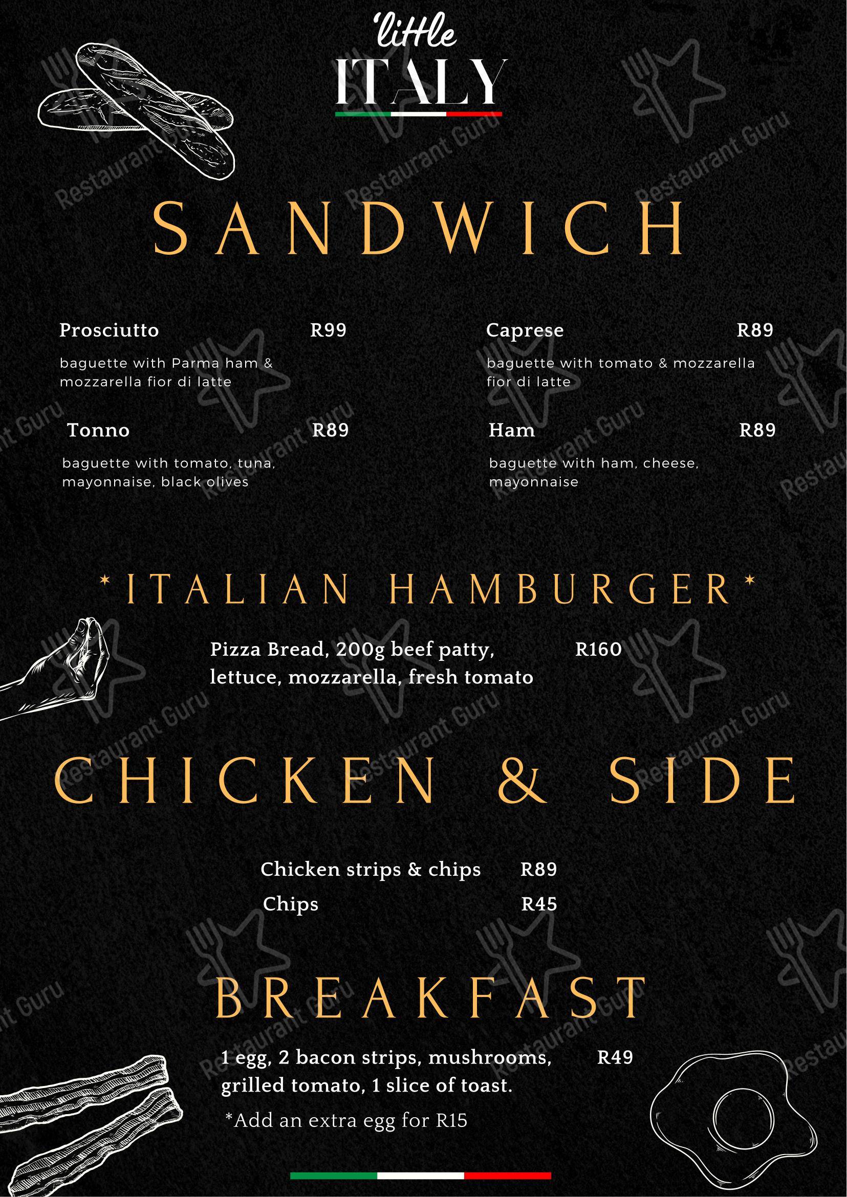 Menu au Little Italy Trattoria, Kleine Hopefield Farm restaurant, Hopefield