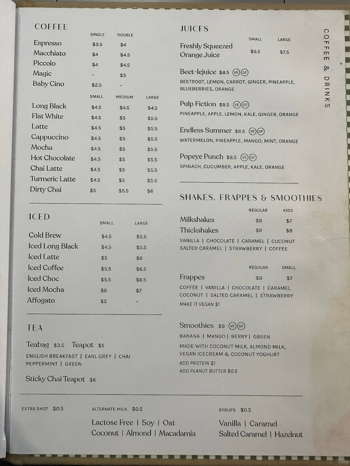 Menu at Little Parliament cafe, Rainbow Beach