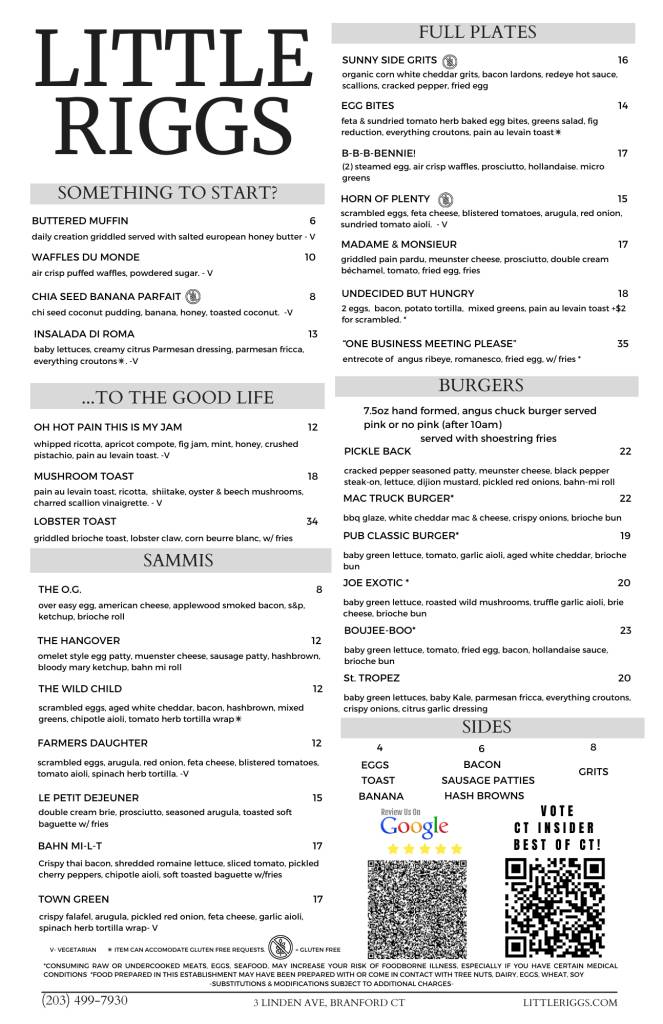 Menu at Little Riggs restaurant, Branford