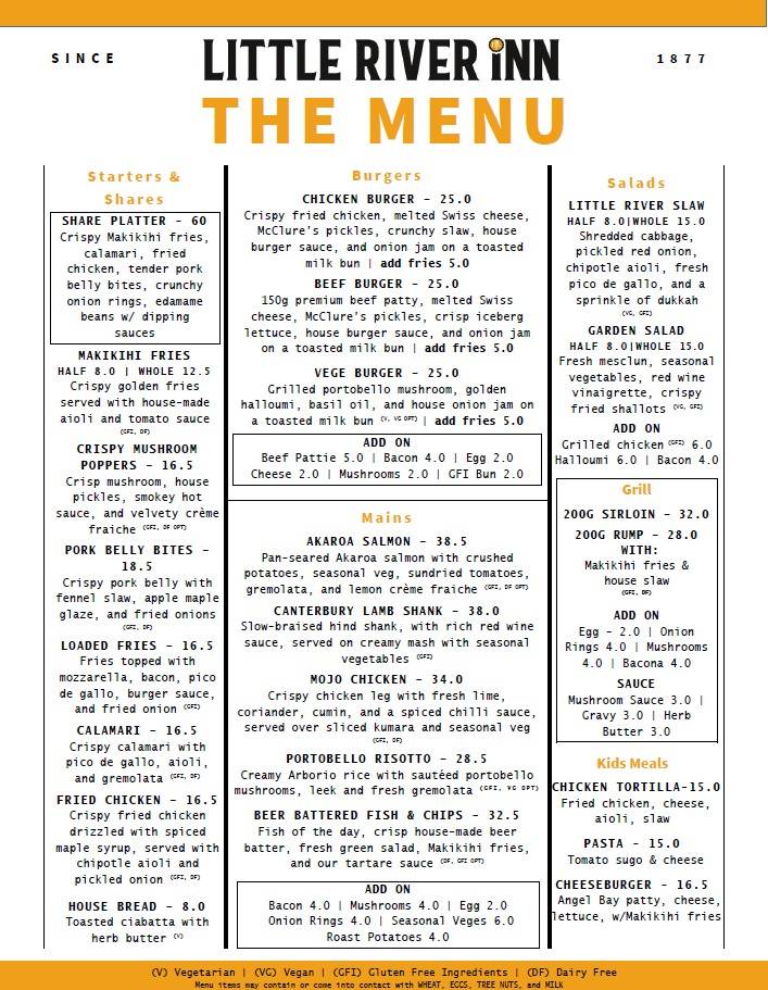 Menu at Little River Inn pub & bar, Little River