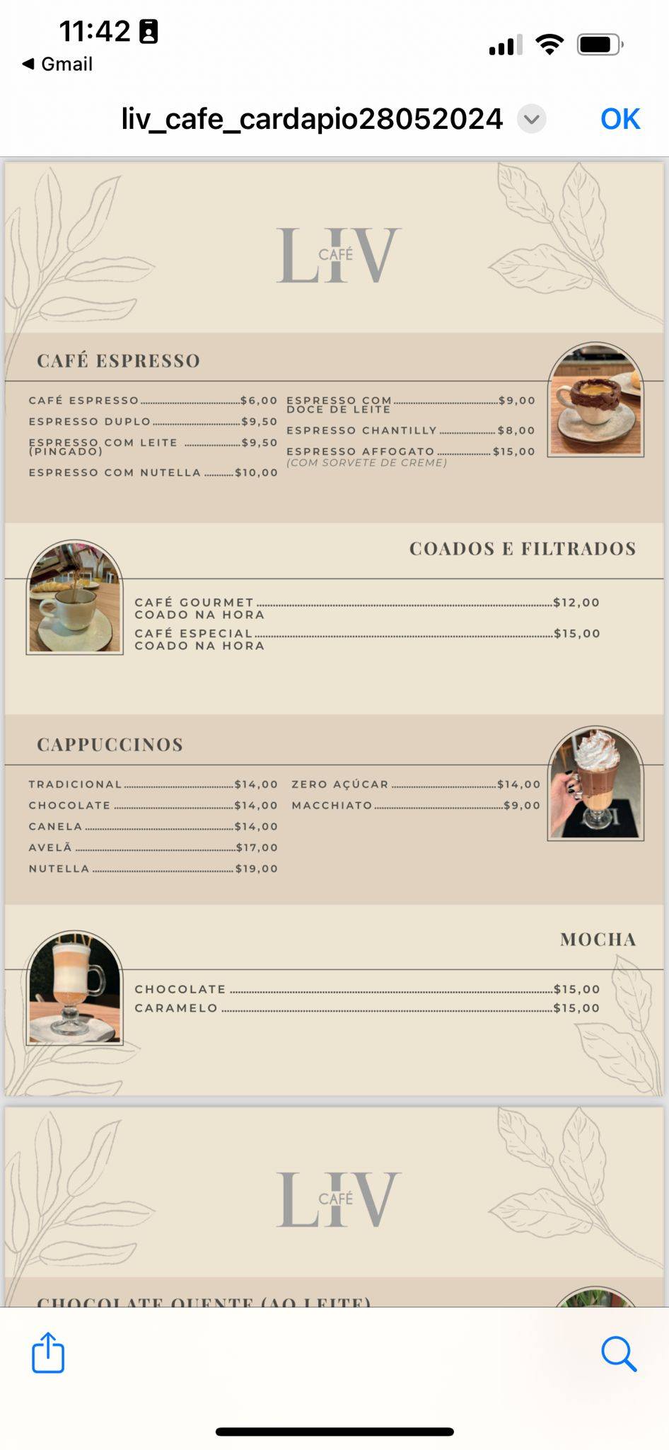 Menu em Liv Café, Leme