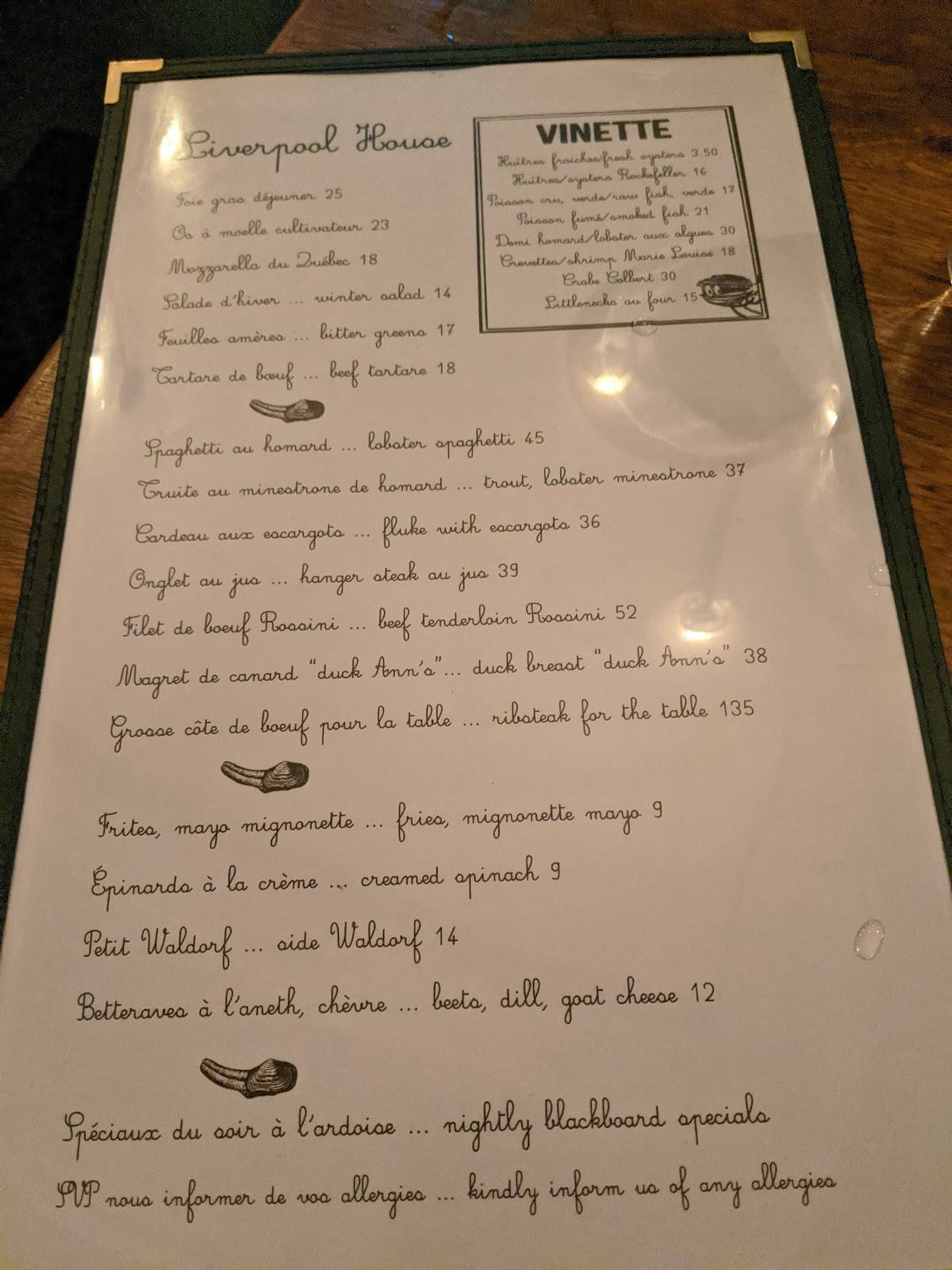 Menu at Liverpool House restaurant, Montréal