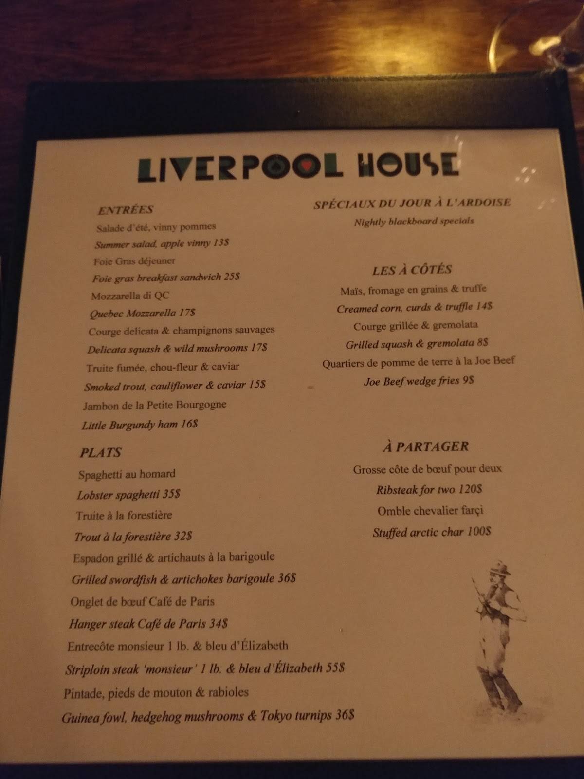 Menu au Liverpool House restaurant, Montréal