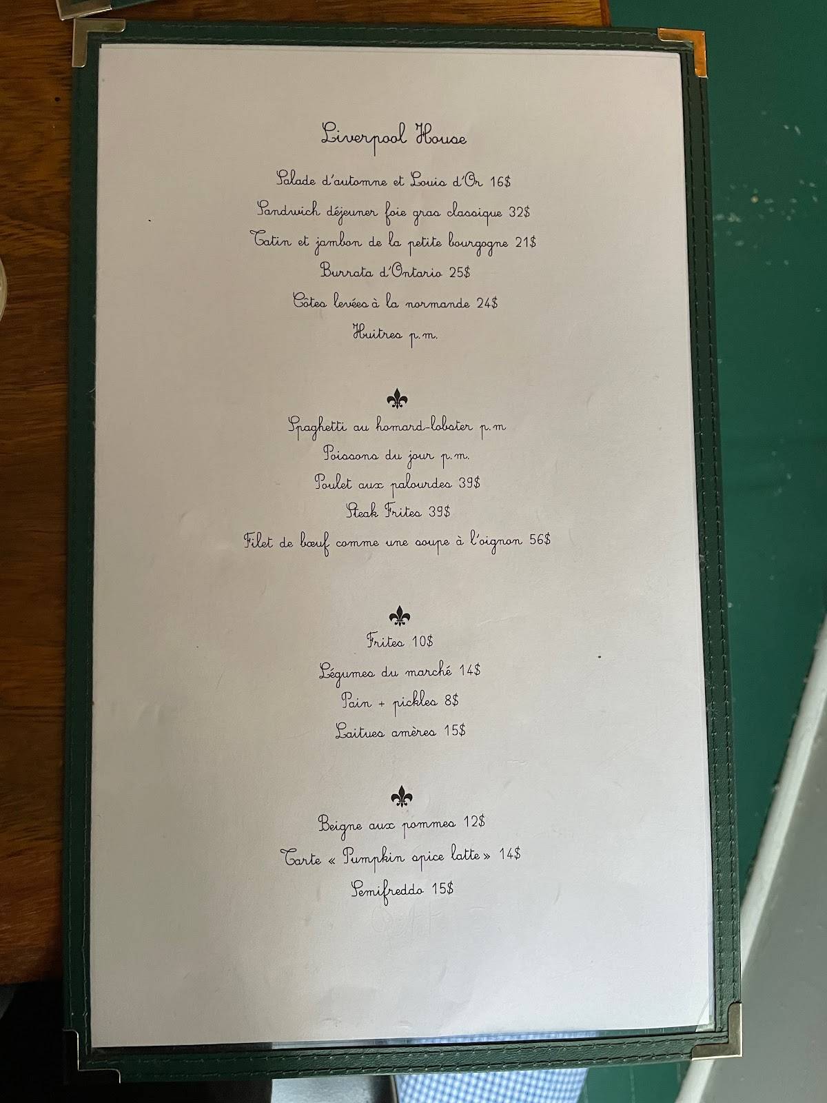 Menu au Liverpool House restaurant, Montréal