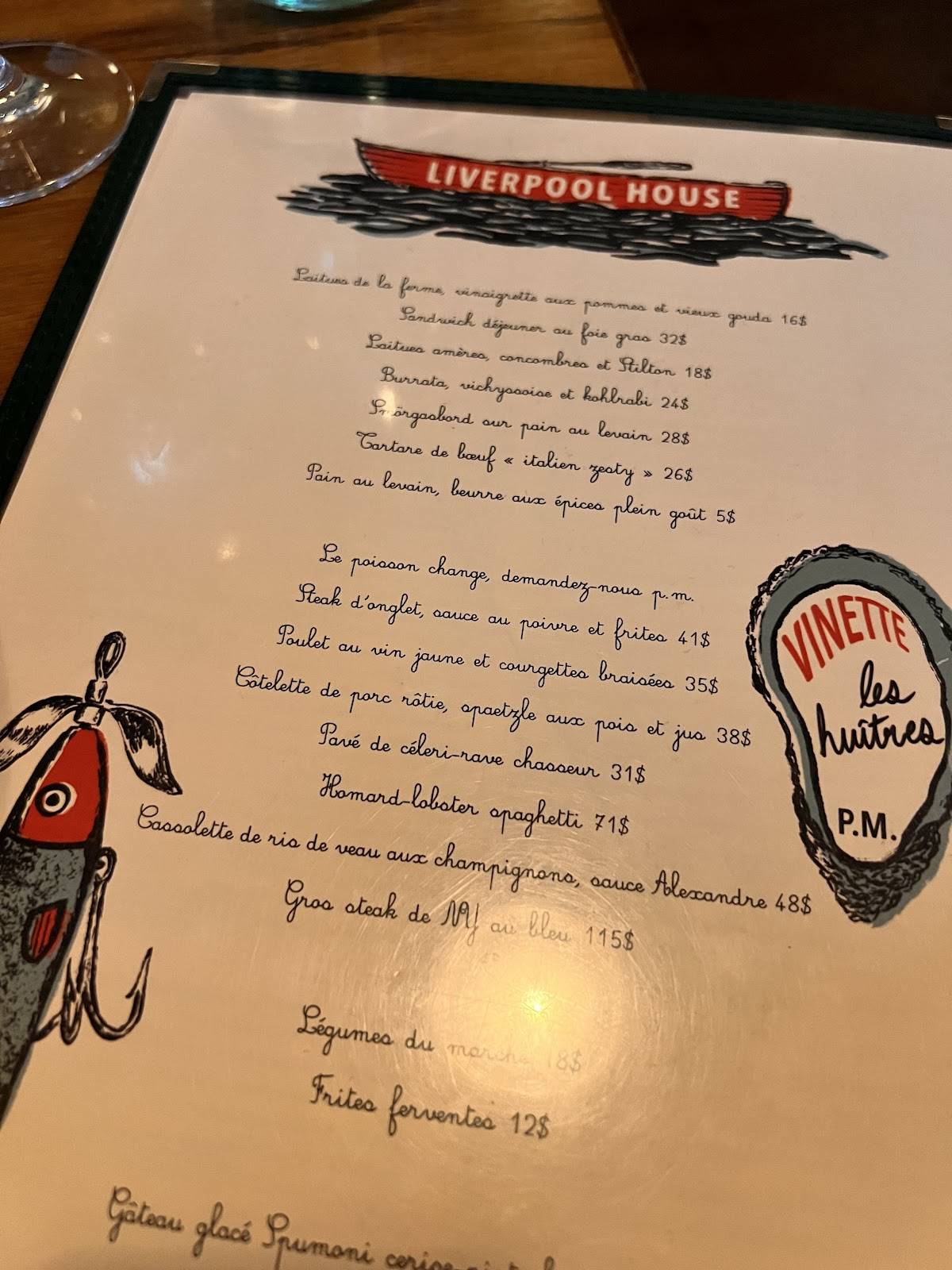 Menu at Liverpool House restaurant, Montréal