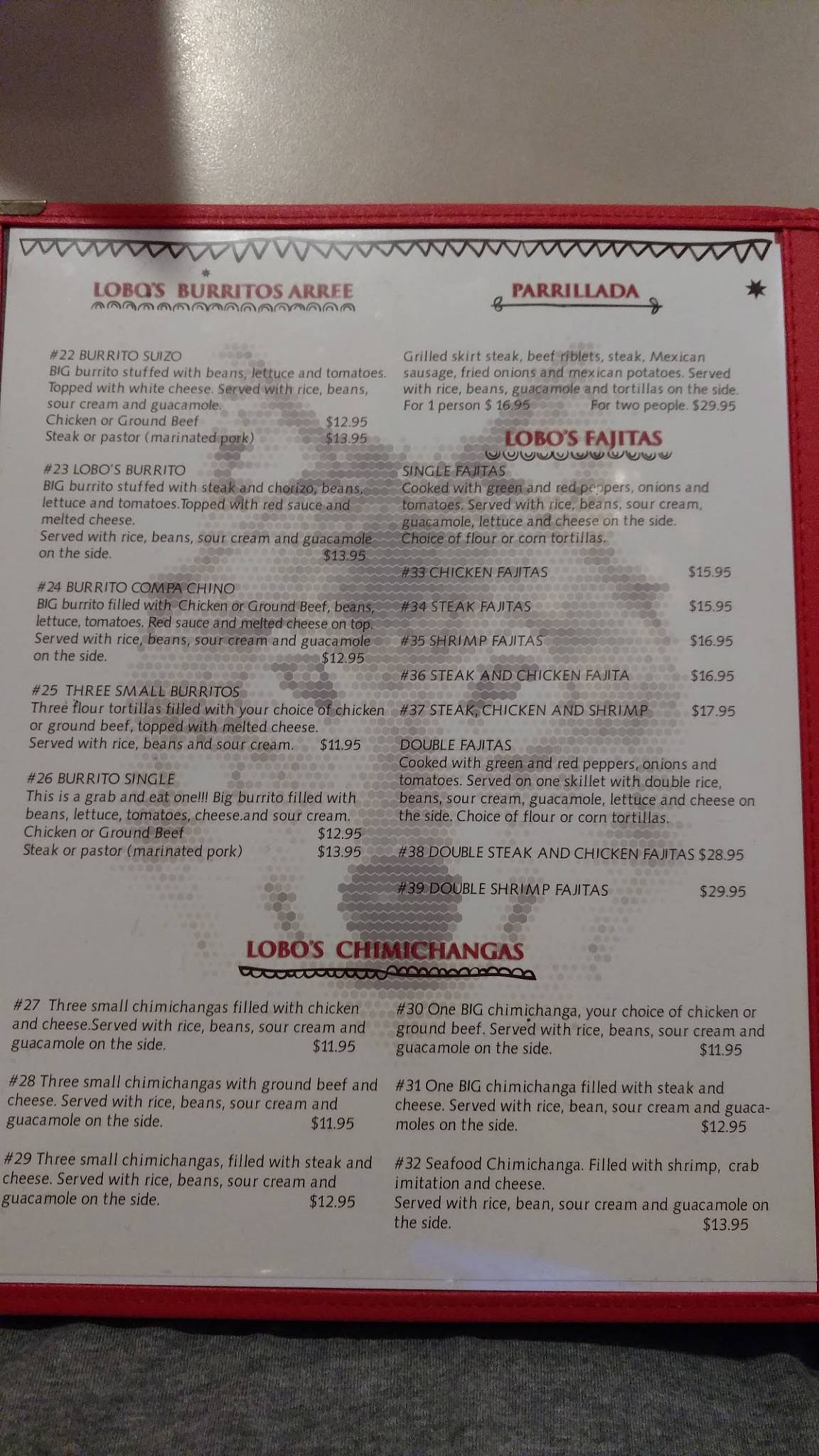 Menu at Lobo's Place restaurant, Grafton, Wisconsin Ave