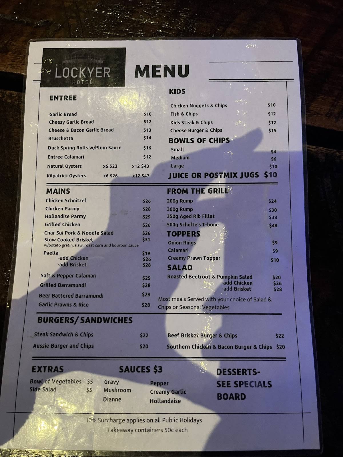 Menu at Lockyer Hotel restaurant, Forest Hill