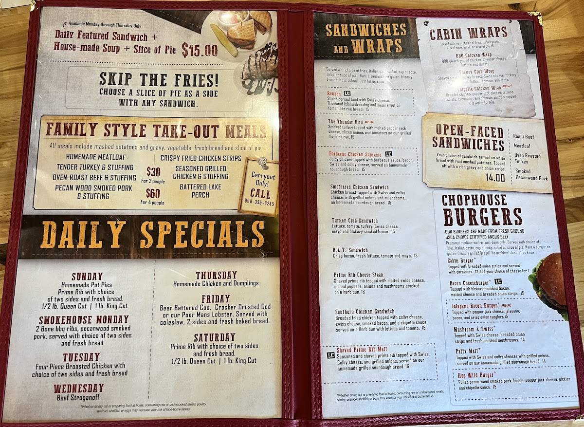 Menu at Log Cabin Family Restaurant and Bakery, Baraboo, 8th St