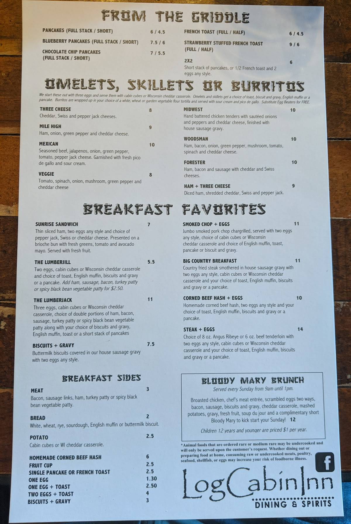 Menu at Log Cabin Inn restaurant, Howards Grove