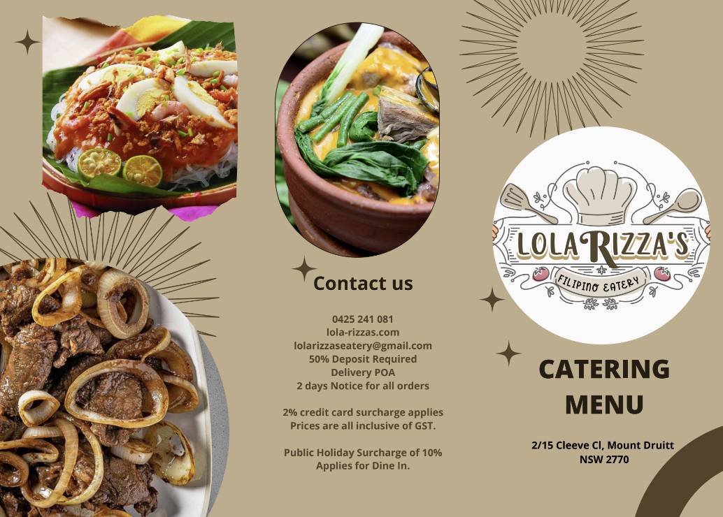Menu at Lola Rizza's Filipino Eatery restaurant, Mount Druitt