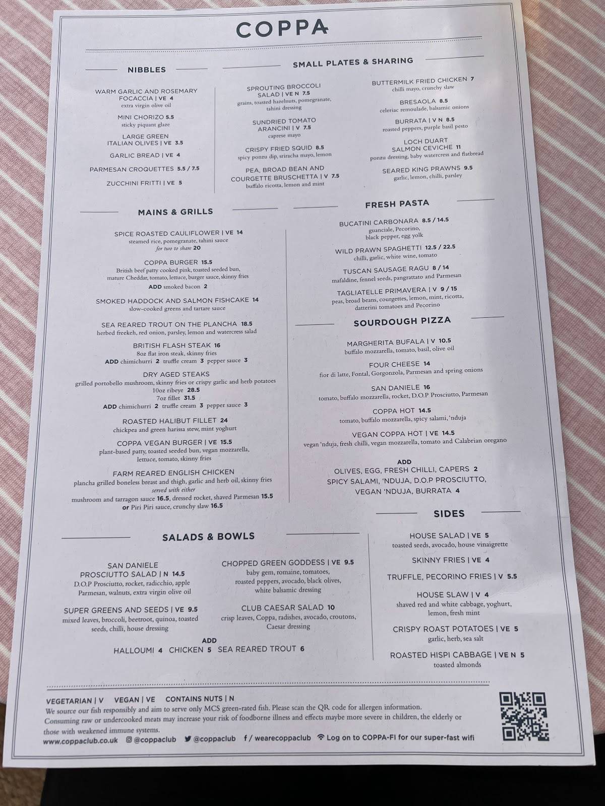 Menu at Coppa Club Tower Bridge, London, 3 Three Quays Walk
