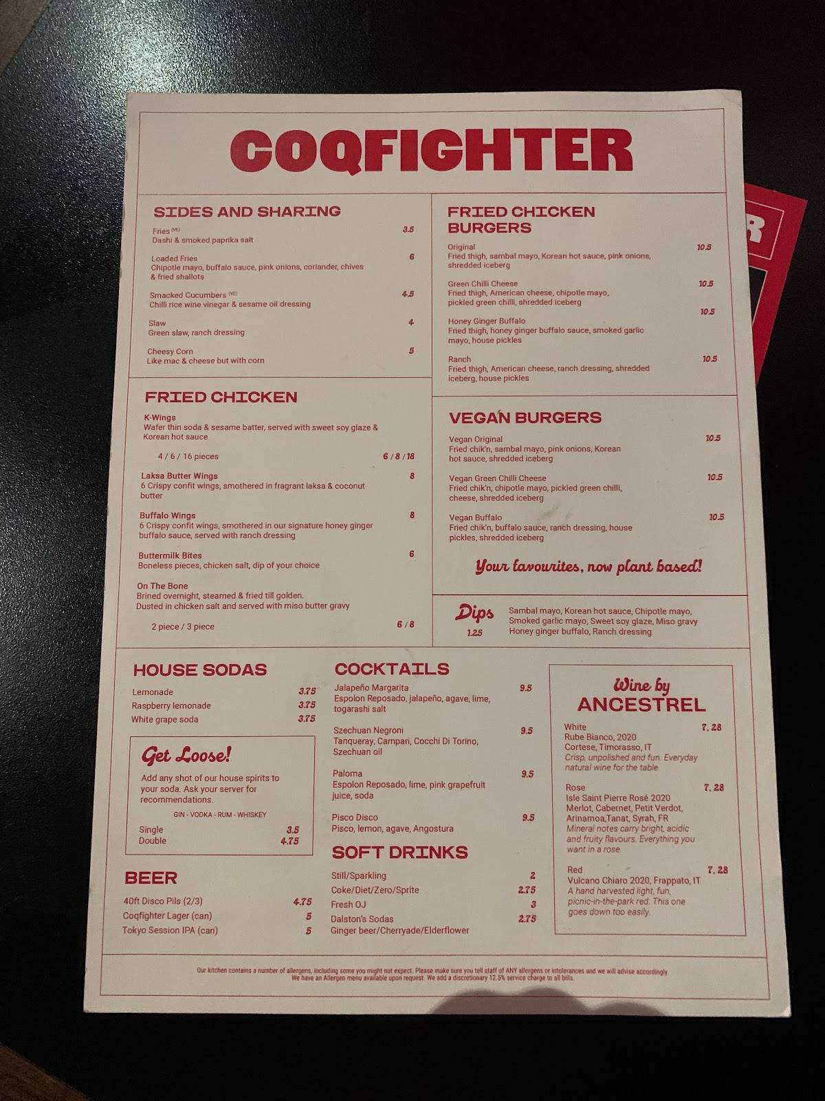 Menu at Coqfighter Kings Cross restaurant, London