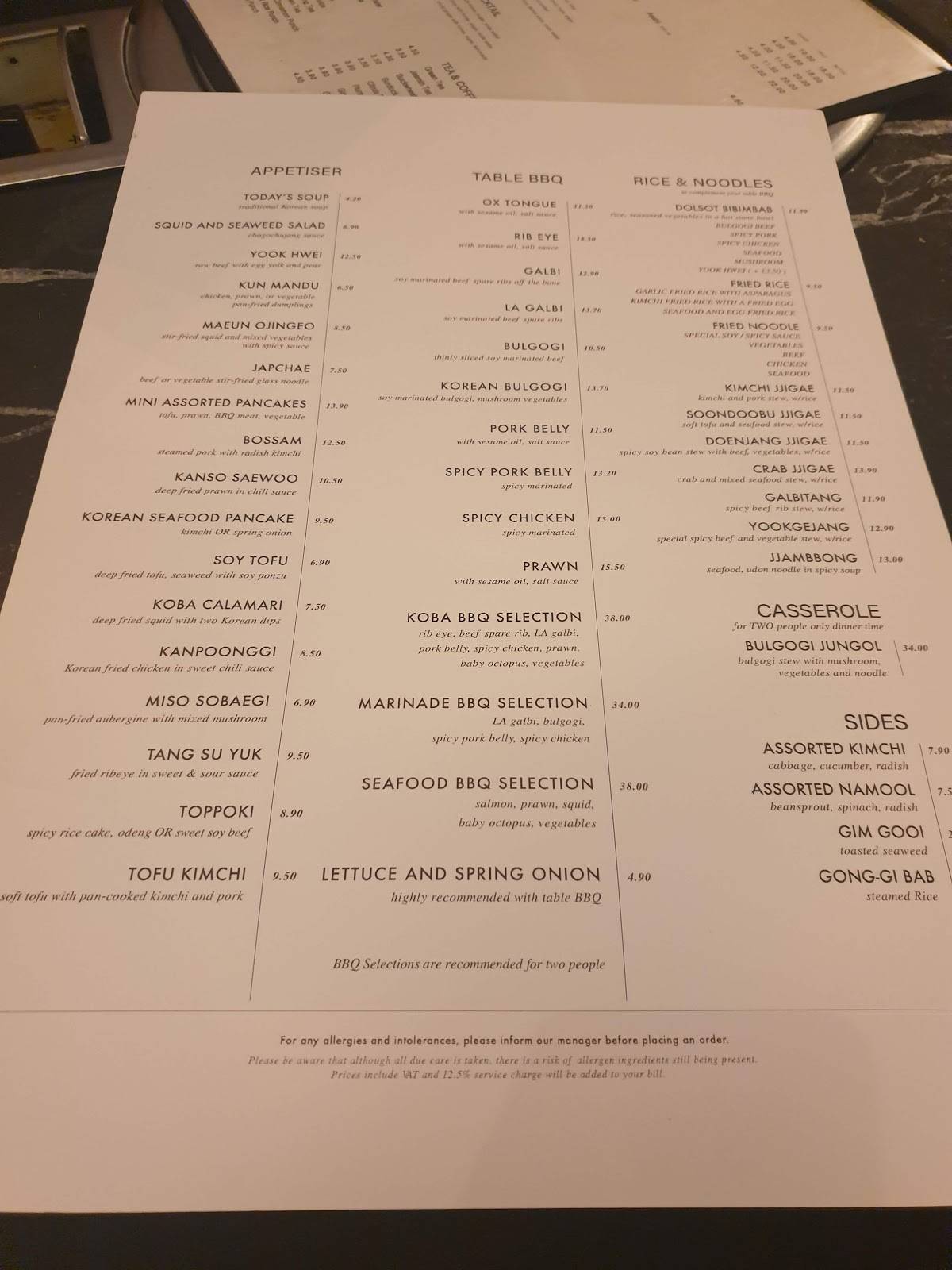 Menu at KOBA restaurant, London