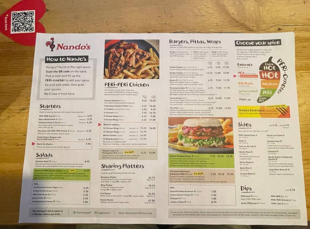 Menu at Nando's Walthamstow fast food, London, 1