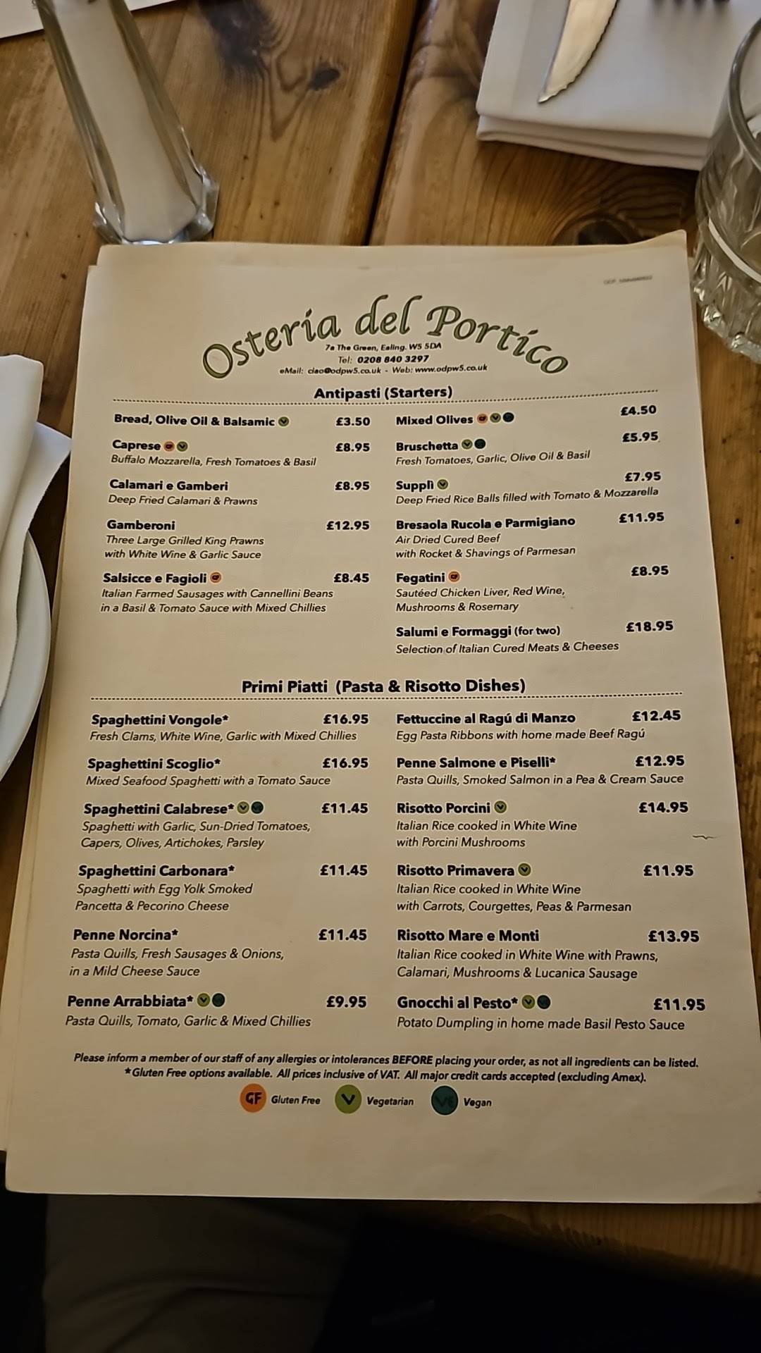 Menu at Osteria del Portico restaurant, London, 7a The Grn