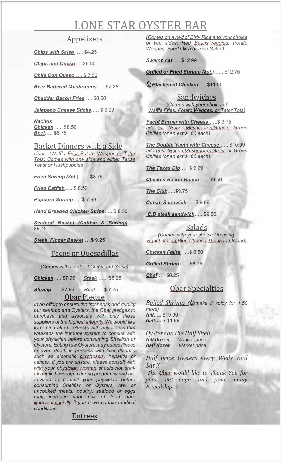 Menu at Lone Star Oyster Bar, Lubbock, 34th St