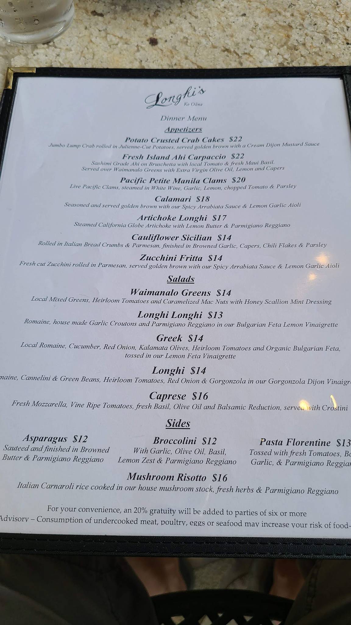 Menu at Longhi's Ko Olina steakhouse, Kapolei