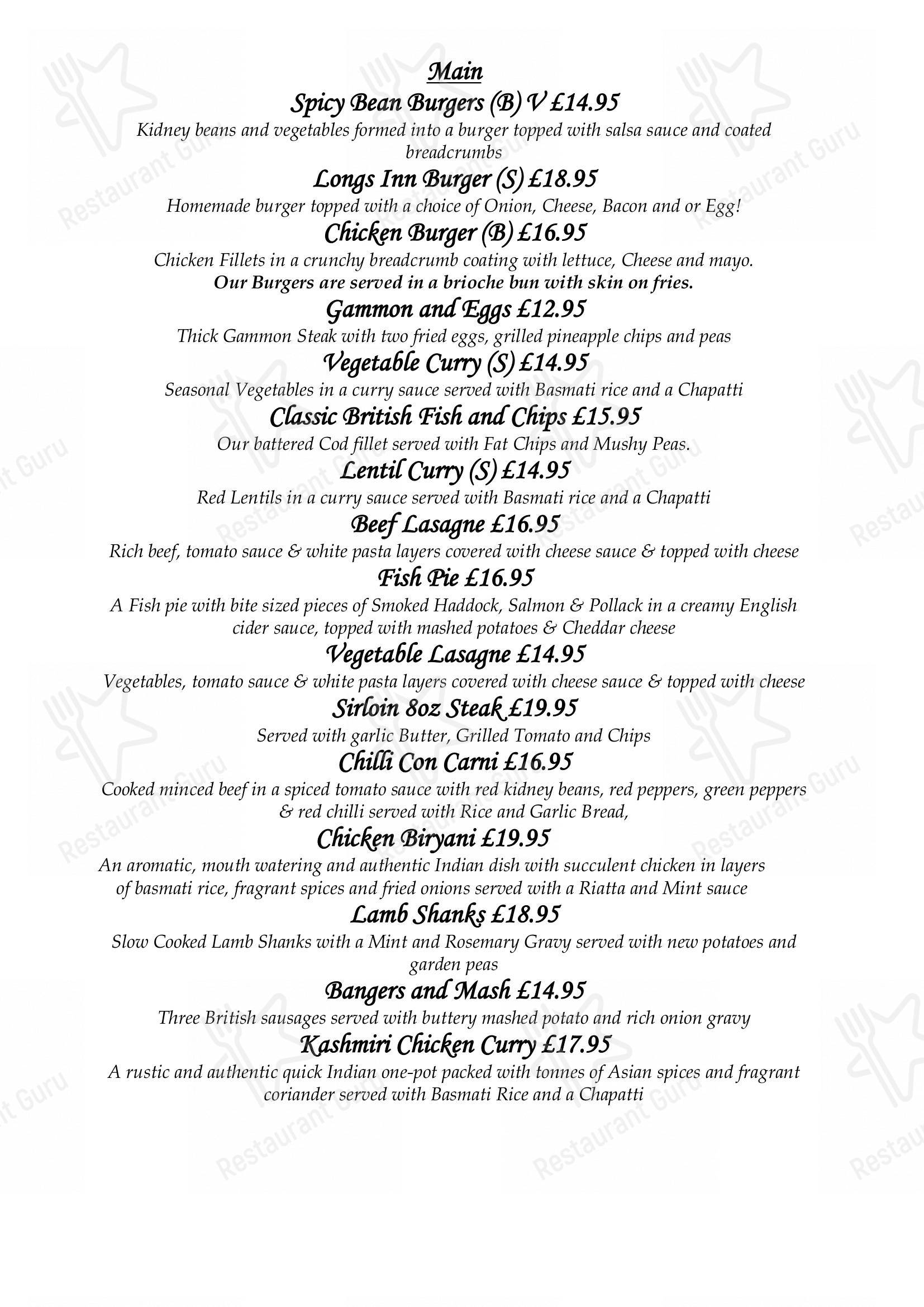 Menu at Longs Hotel & Inn pub & bar, Woburn