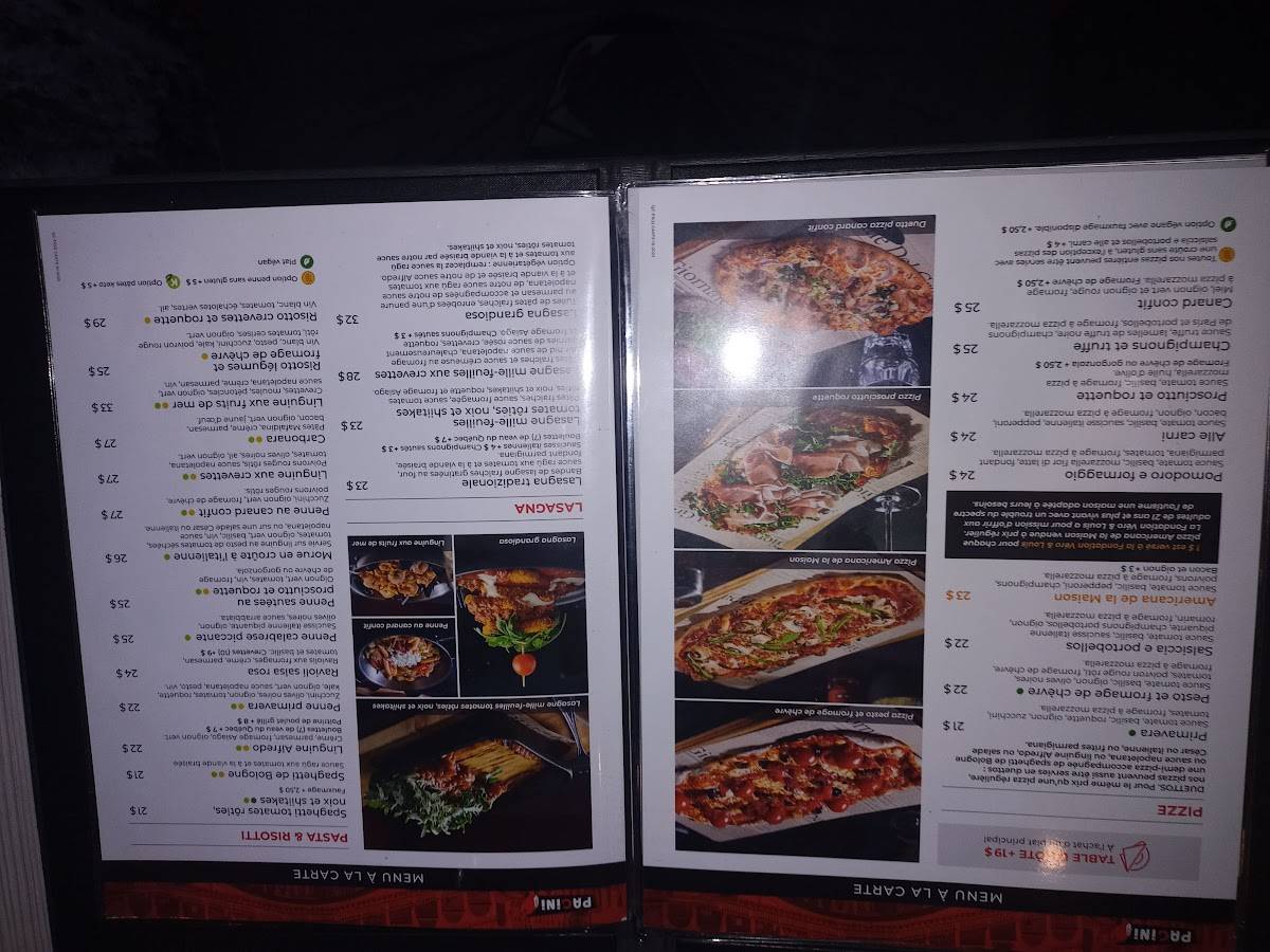 Menu au Pacini restaurant, Longueuil, Ch. de Chambly