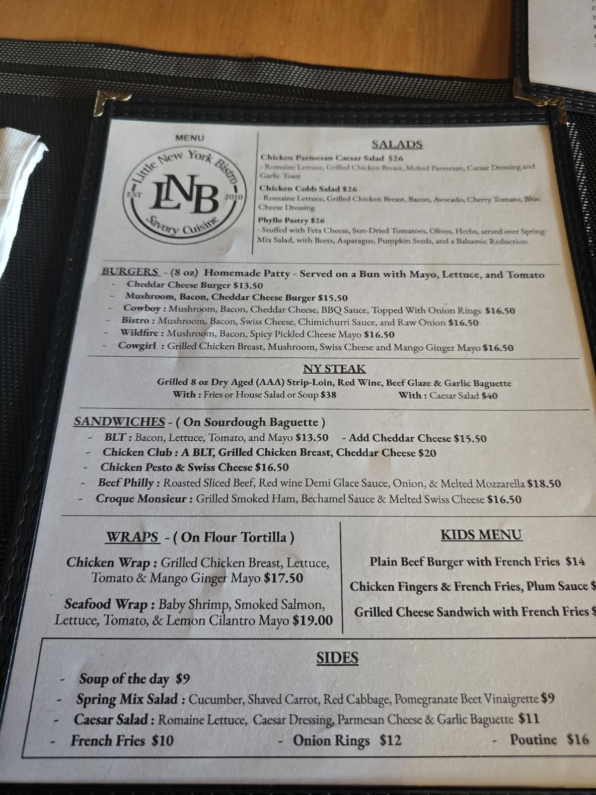 Menu at Little New York Bistro steakhouse, Longview, 108 Morrison Rd