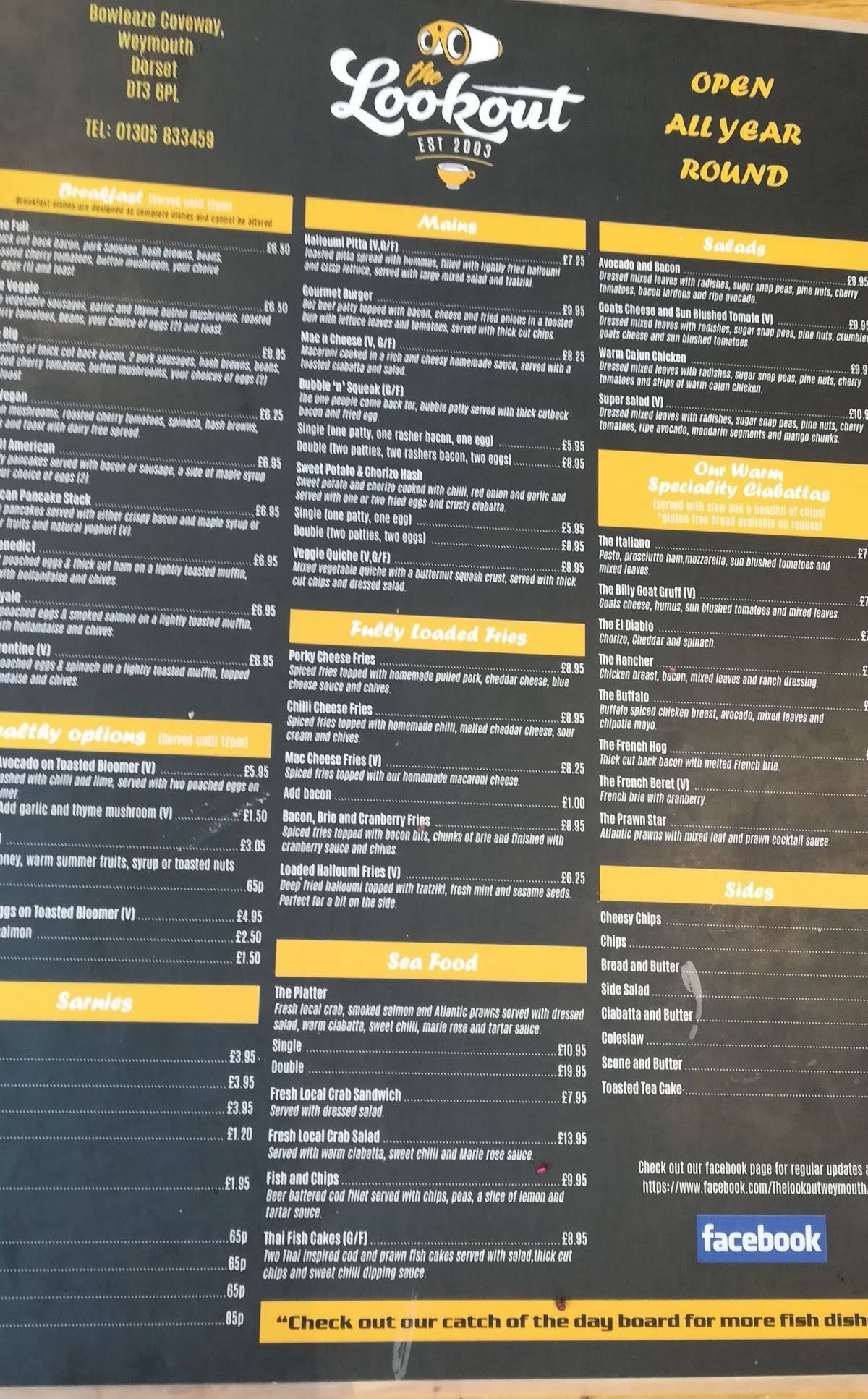 Menu at Lookout Cafe, Weymouth