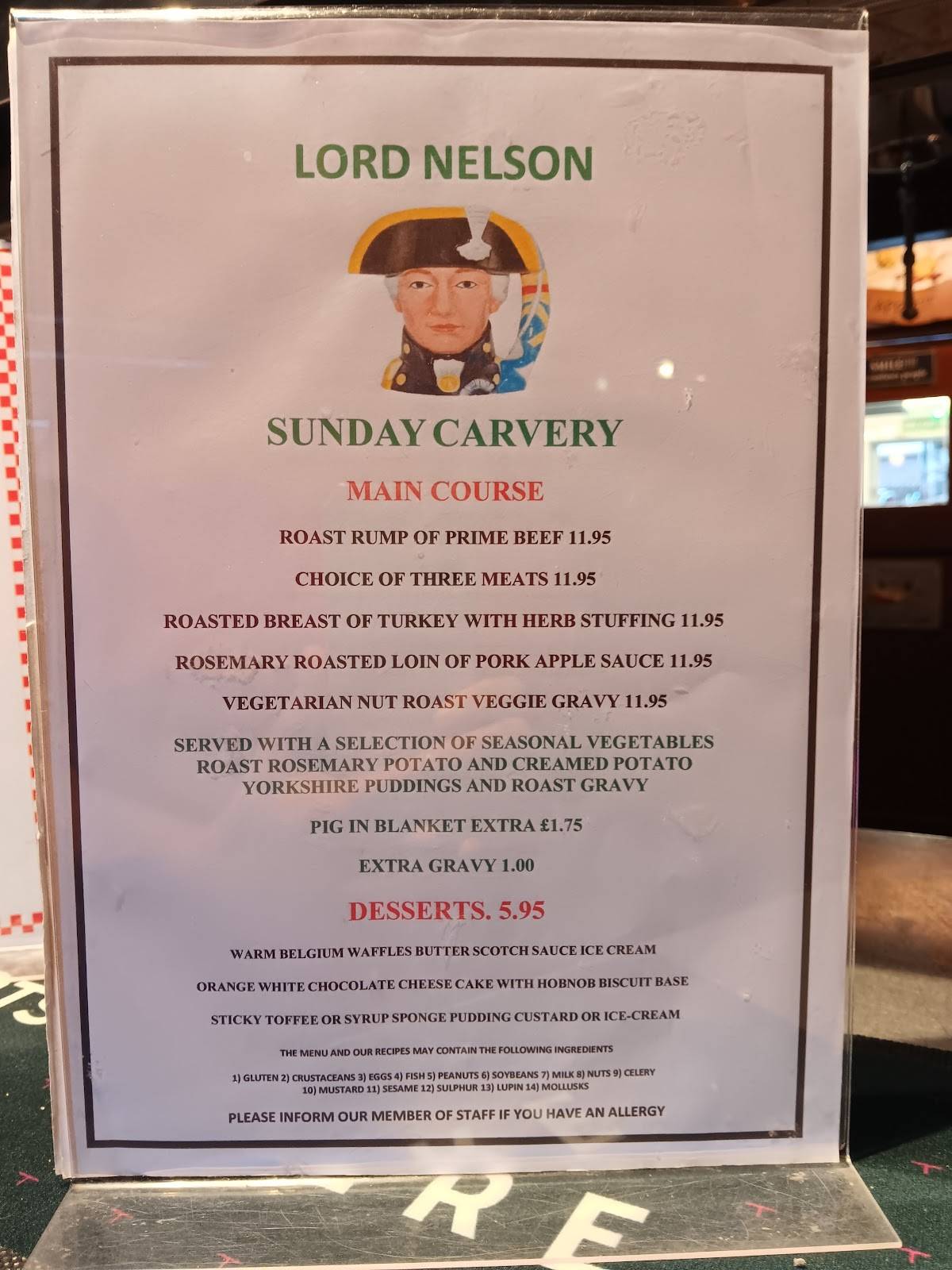 Menu at Lord Nelson Pub, Chorley, Sandy Ln