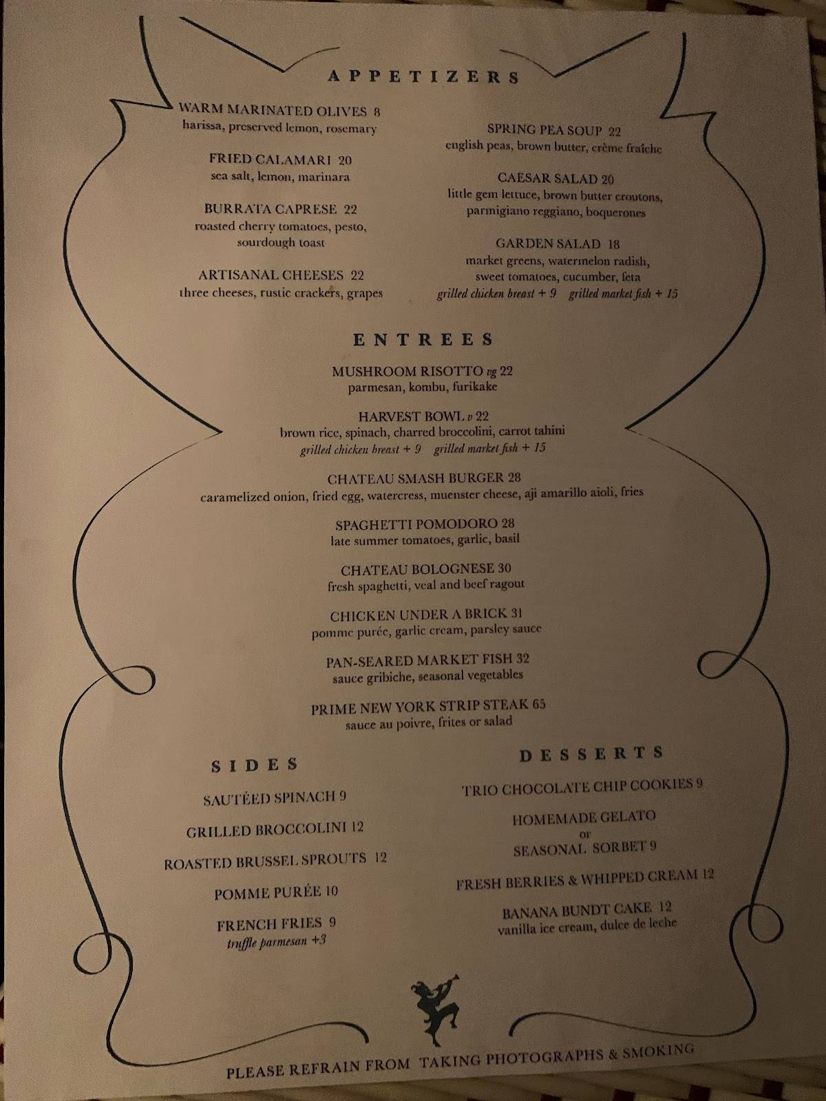 Menu at Chateau Marmont restaurant, Los Angeles, Sunset Blvd