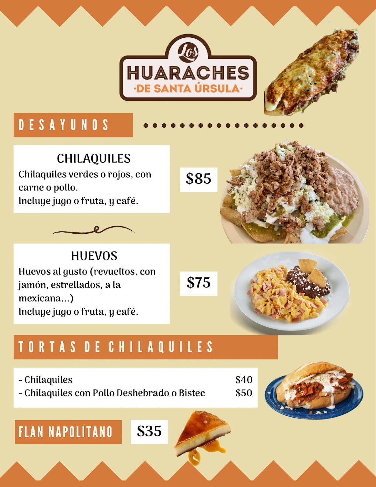 Menu at Los Huaraches De Santa Úrsula restaurant, Mexico City