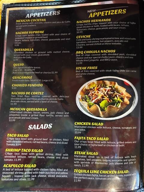 Menu at Los Tres Hermanos restaurant, Hominy