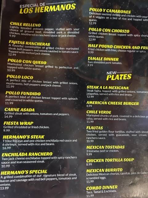 Menu at Los Tres Hermanos restaurant, Hominy
