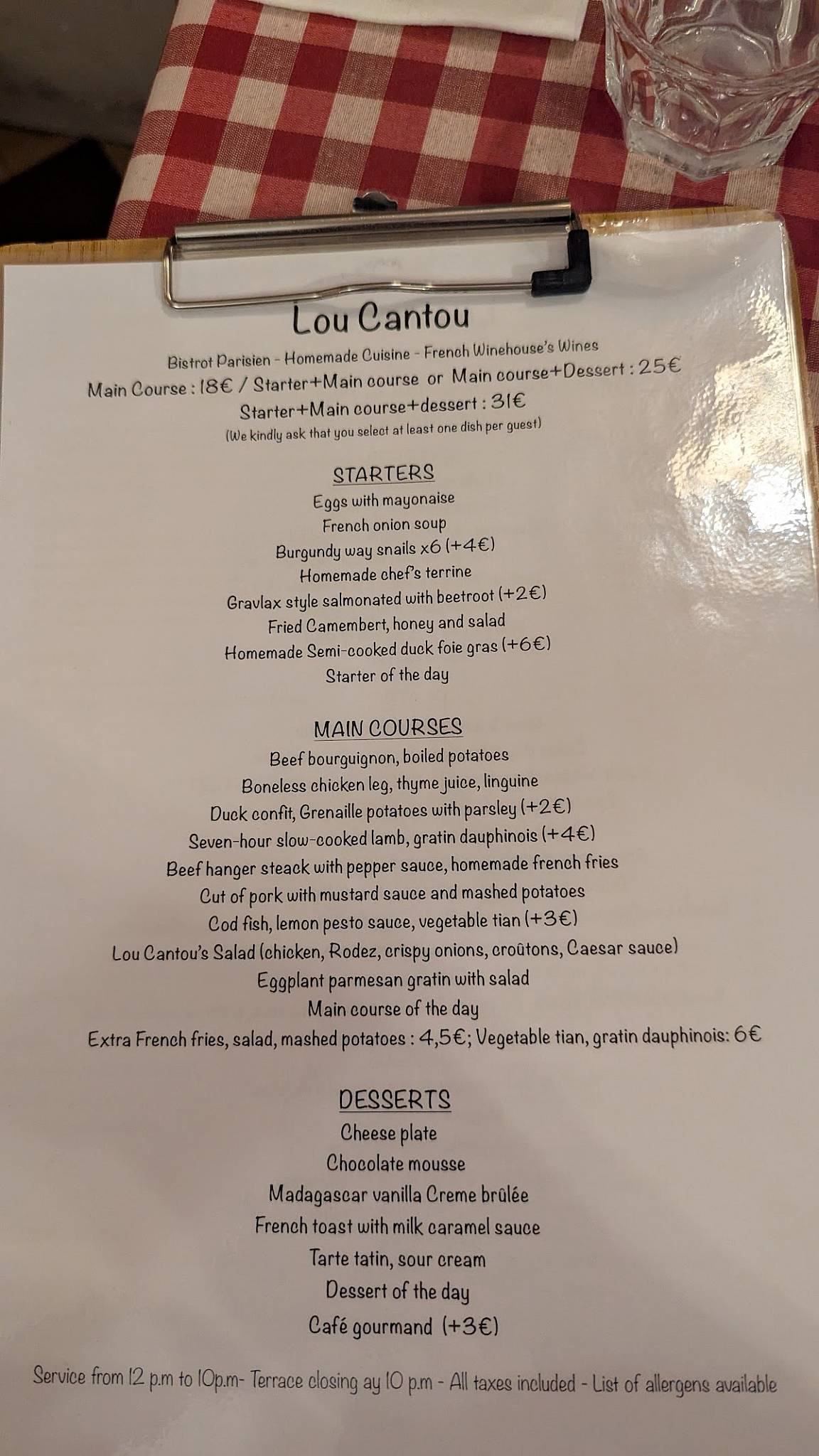 Menu at Lou Cantou restaurant, Paris, 35 Cité d'Antin