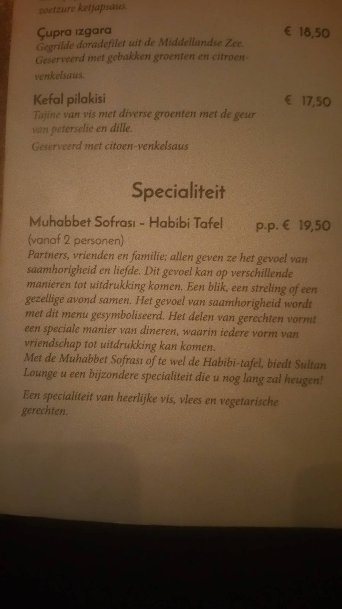 Speisekarte von Lounge Restaurant Sultan, Rotterdam, Zuidplein 109