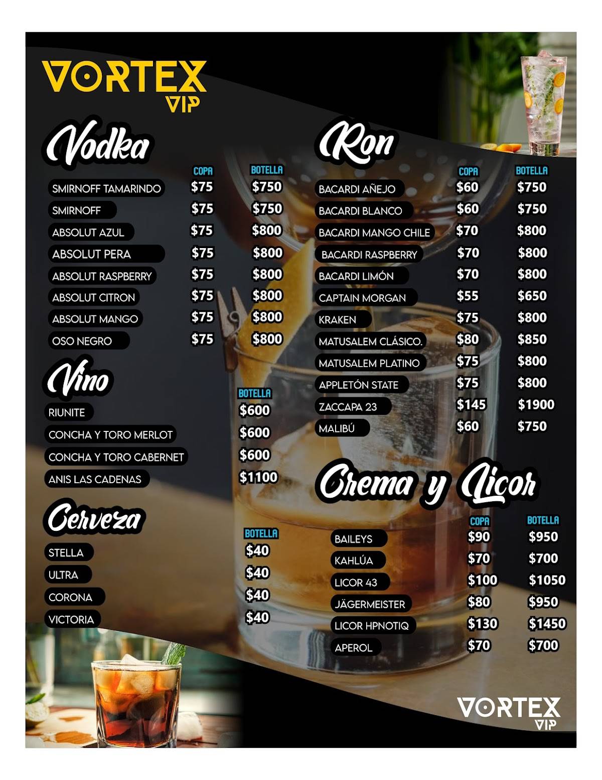 Carta del pub y bar Lounge Vortex, Cuautitlan