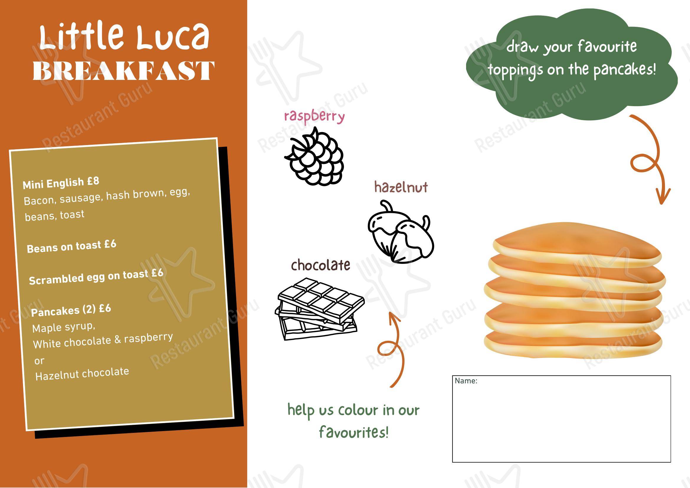 Menu at Luca restaurant, Liverpool, 109 Allerton Rd
