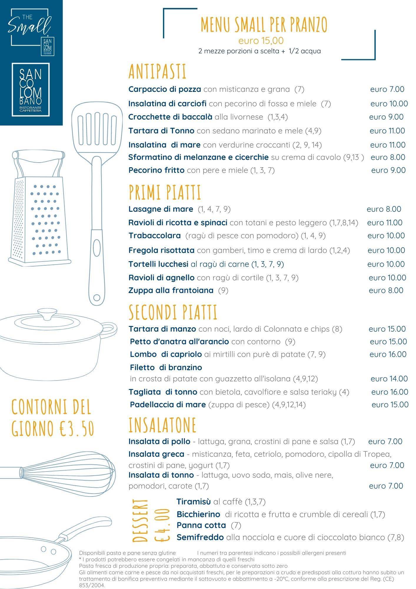 Menu at San Colombo pizzeria, Lucca