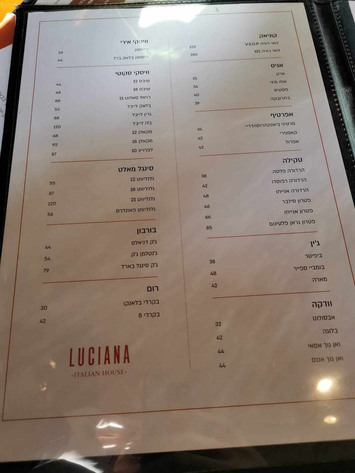 Menu at Luciana restaurant, Jerusalem, ממילא 8