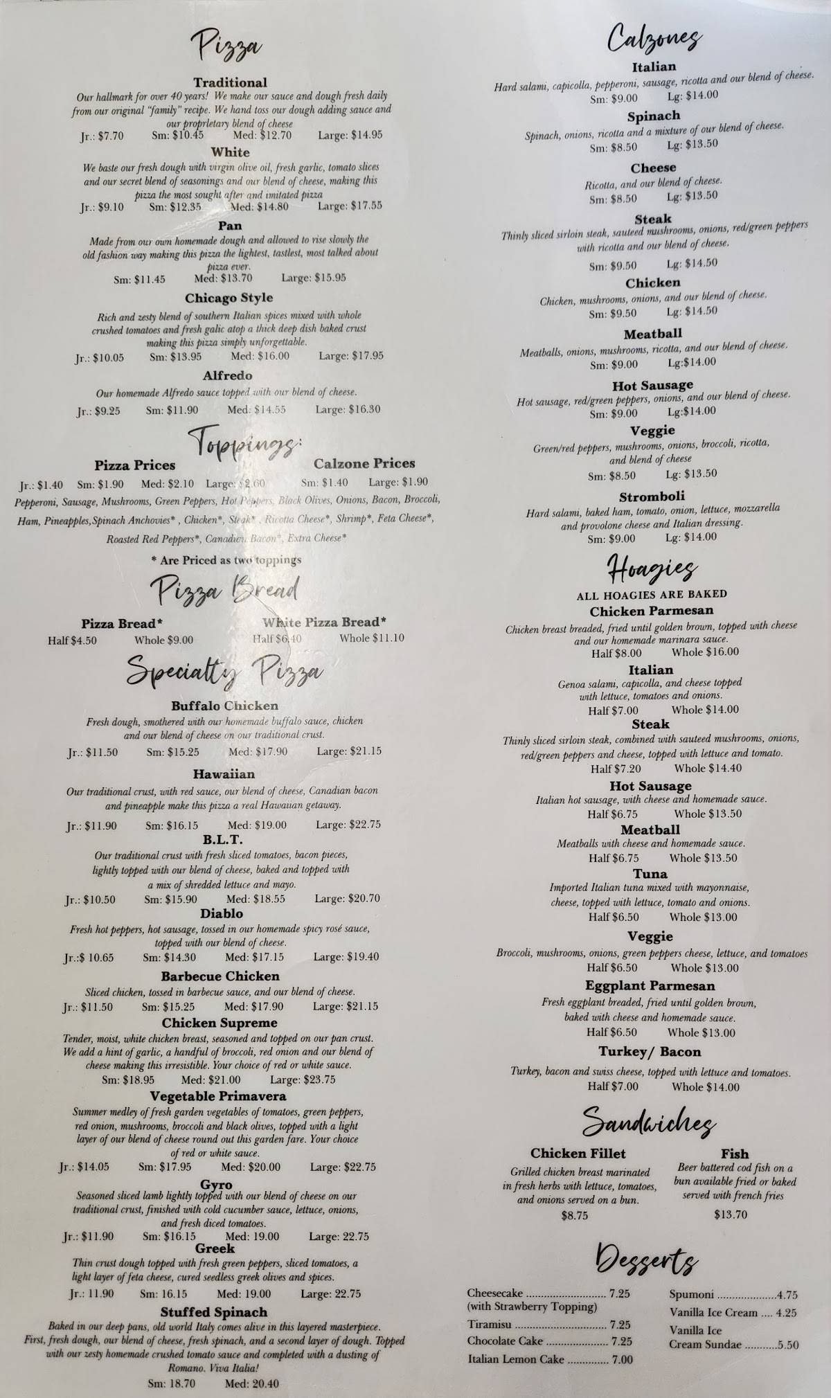 Menu at Luciano's Italian Brick Oven restaurant, Mars