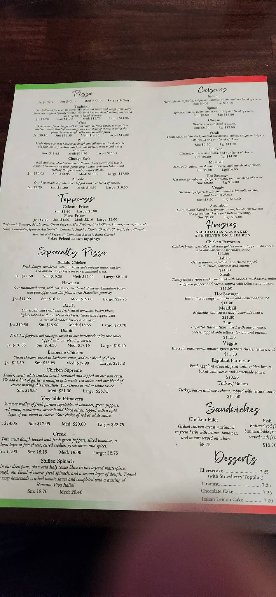 Menu at Luciano's Italian Brick Oven restaurant, Mars