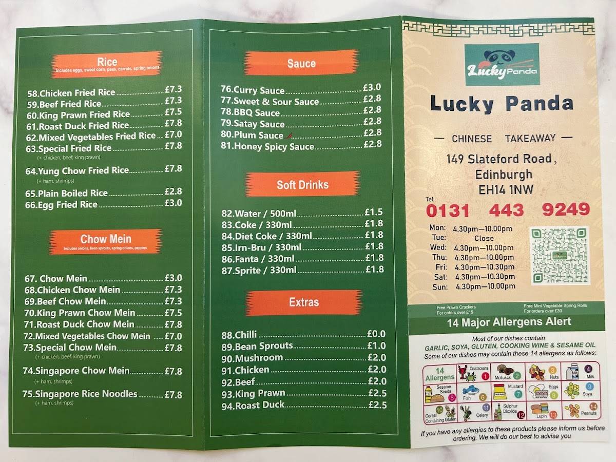 Carta del restaurante Lucky Panda, Edimburgo