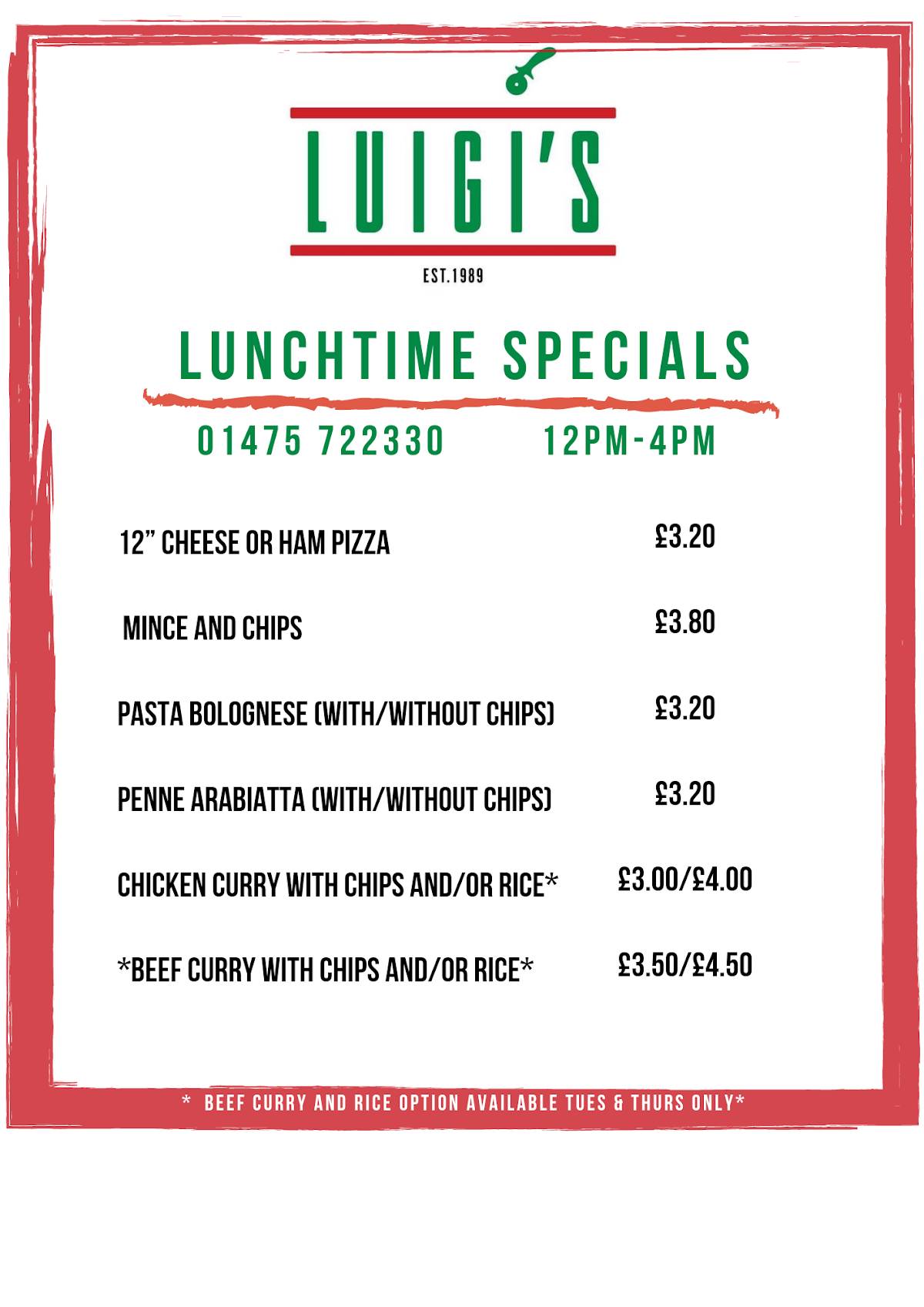 Menu at Luigi's fast food, Greenock