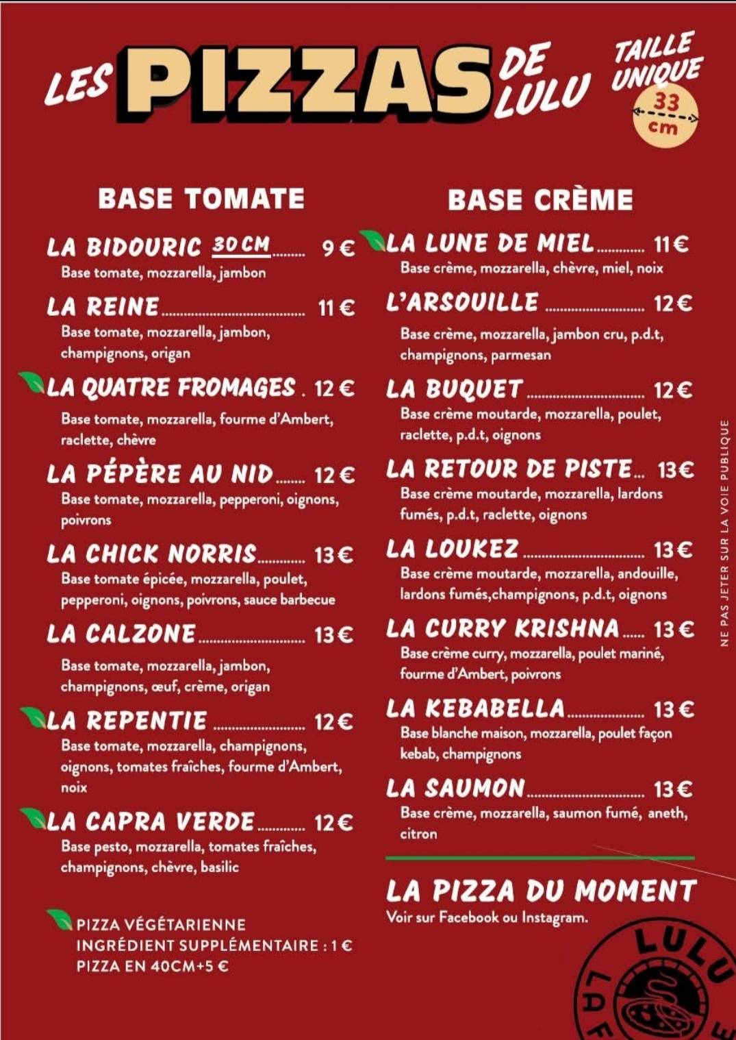 Menu au Lulu La Fringale Pizza à emporter restaurant, Brest