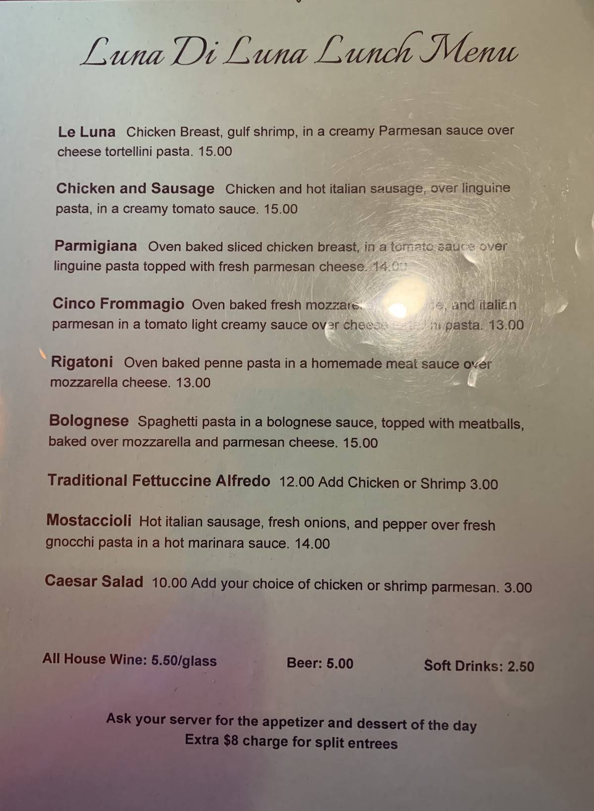 Menu at Luna Di Luna restaurant, Bloomington