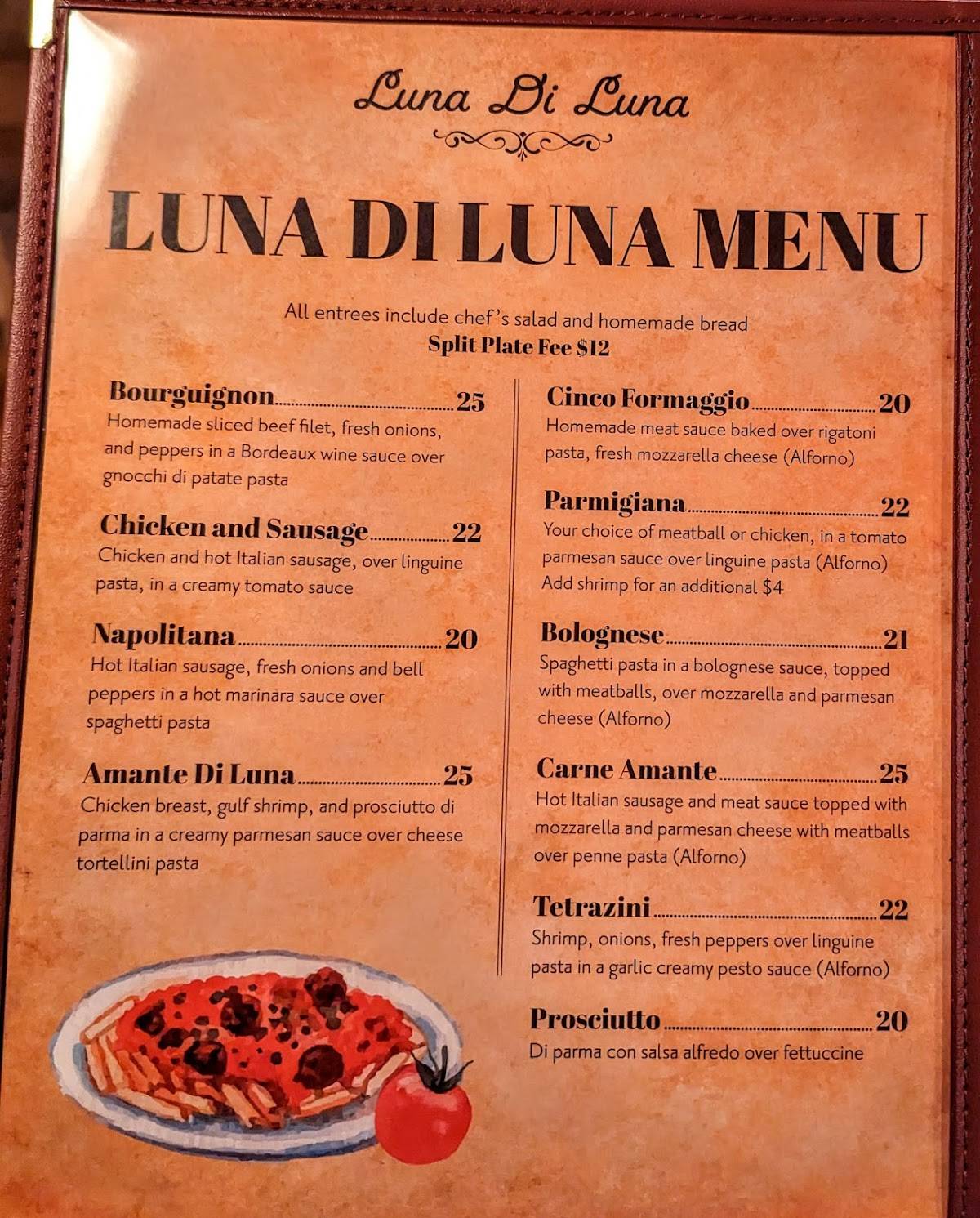 Menu at Luna Di Luna restaurant, Bloomington