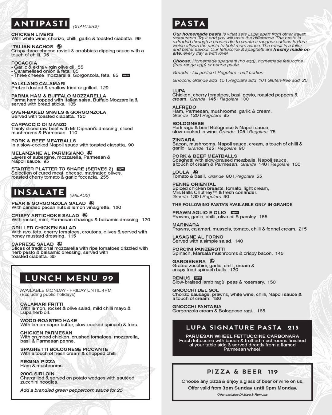 Menu at Lupa Osteria restaurant, Johannesburg, Kwena Square Corner of ...