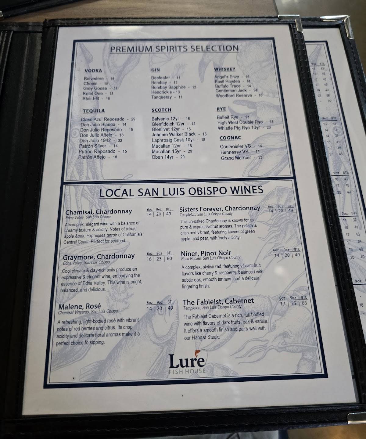 Menu at Lure Fish House restaurant, San Luis Obispo