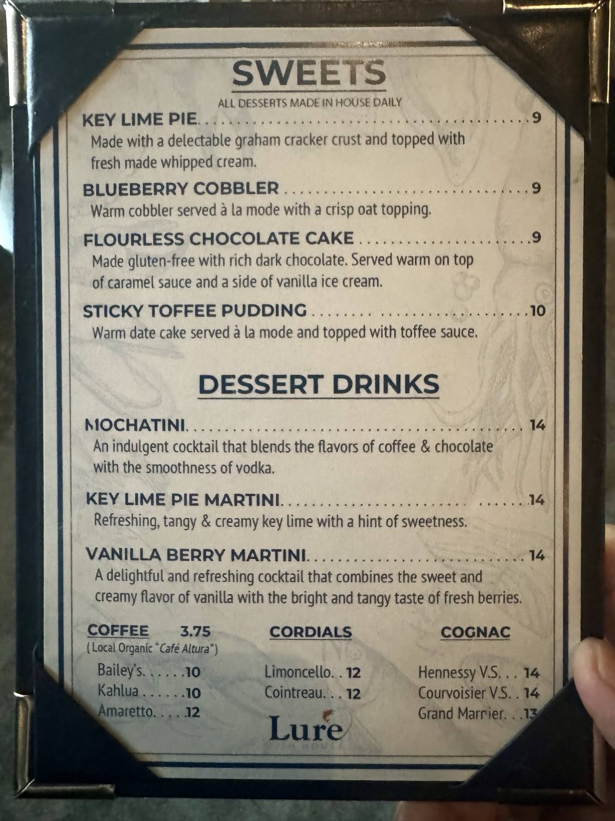 Menu at Lure Fish House restaurant, San Luis Obispo
